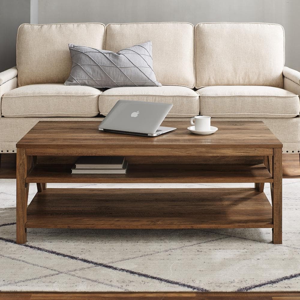 Welwick Designs 48 in. Rustic Oak Large Rectangle Wood Coffee Table ...