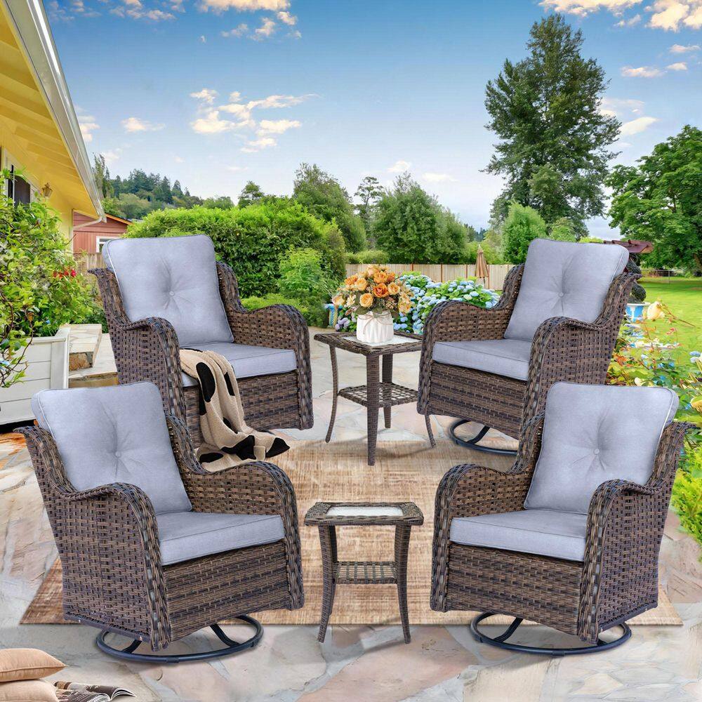 DWIOM Brown 6 Piece Wicker Patio Conversation Set Swivel Rocking Chairs ...