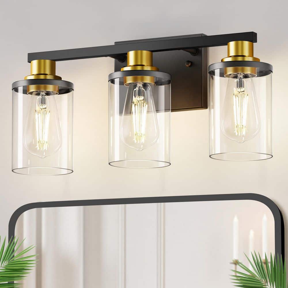 Emeritpro 3-Light 17 in. Black and Gold Vanity Light Fixture w/ Clear ...