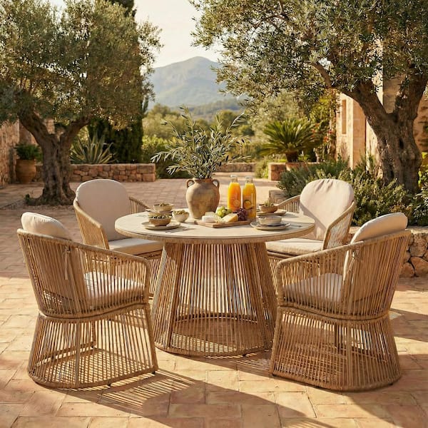 Freestyle 5-Piece Wicker Outdoor Dining Set, with Glass-top Round Table ...