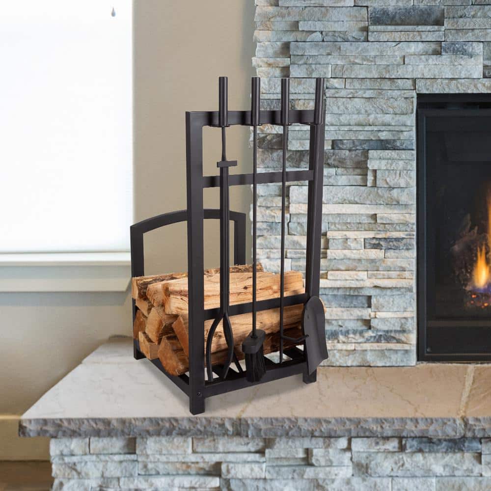 Lavish Home Fireplace Tool Set and Log Rack - 5-Piece Set (Matte Black ...