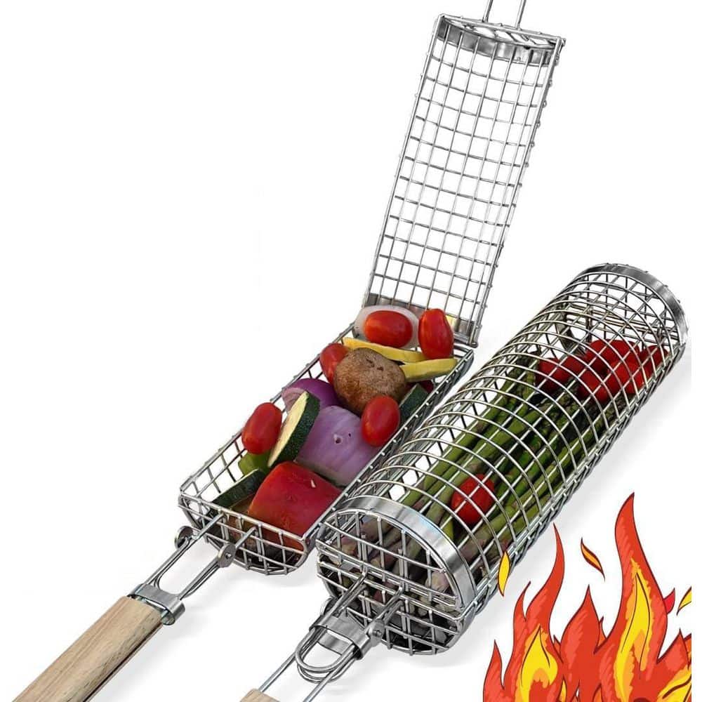 Primehome Rolling Grill Basket (2-Piece Set) - Stainless Steel BBQ ...