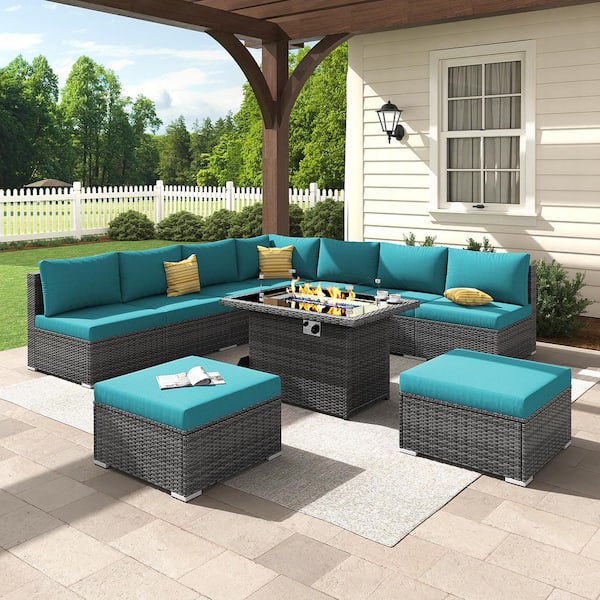 FINCATI 10-Piece Charcoal Wicker Patio Fire Pit Deep Sectional Seating ...