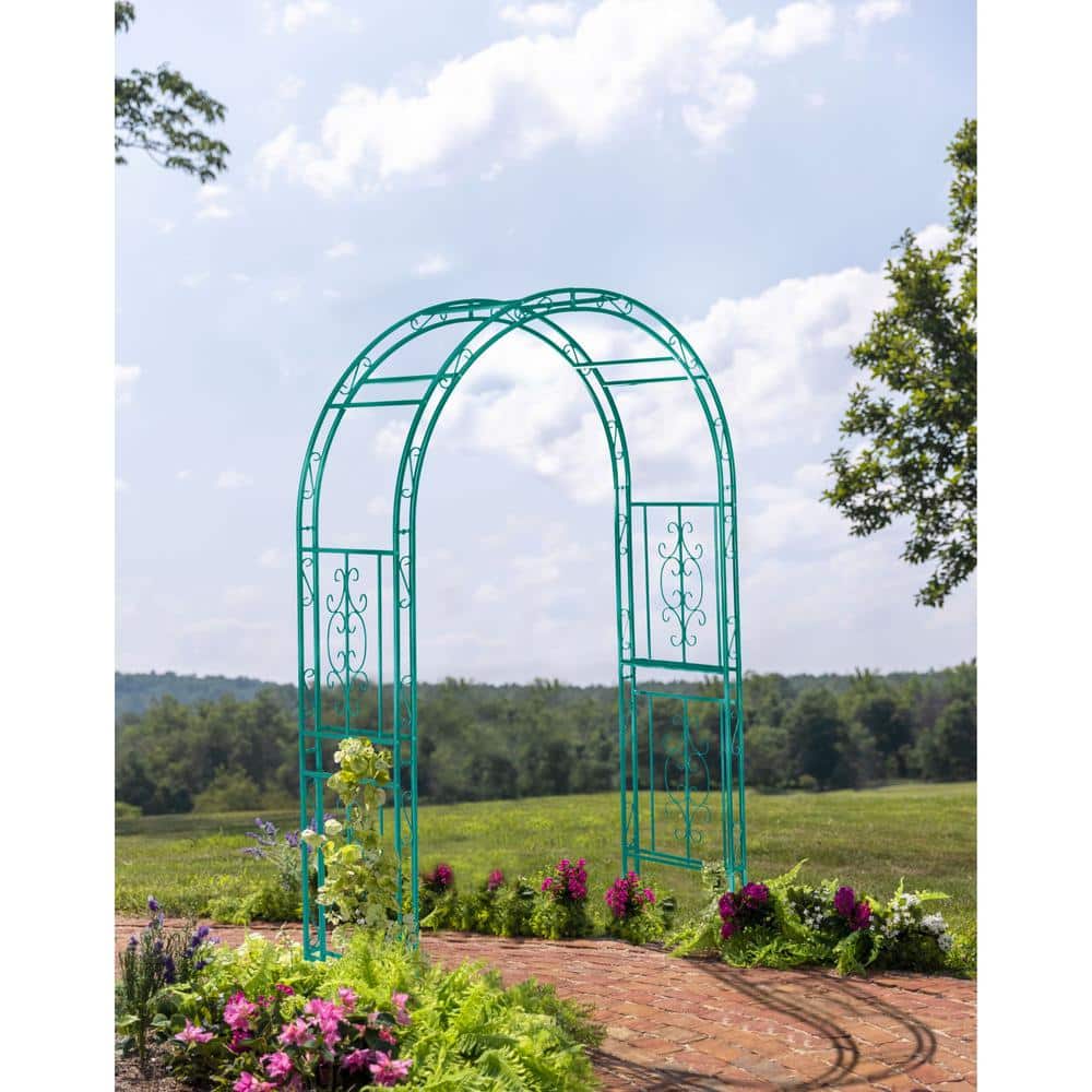Evergreen Montebello 84 in. x 53 in. Iron Garden Arbor, Coastal Blue ...