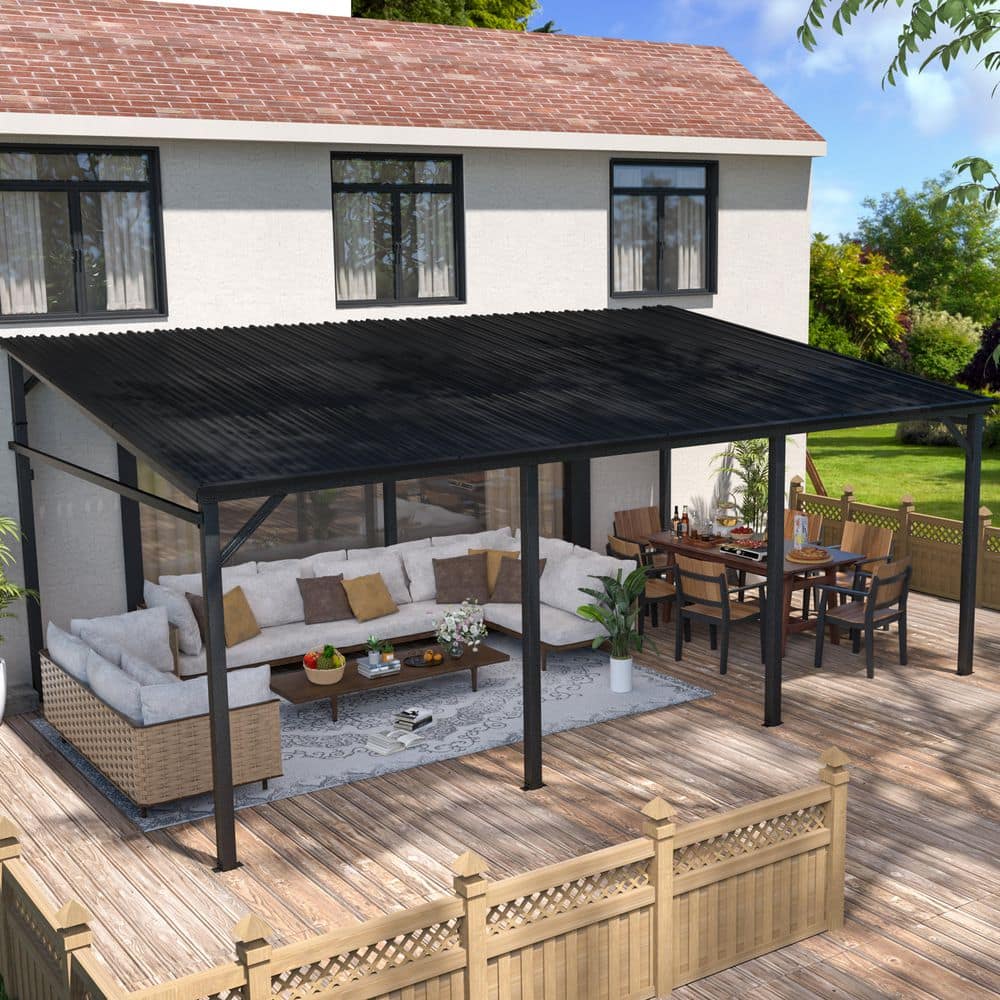 VEIKOUS 20 ft. x 12 ft. Metal Patio Covers with Sloped Roof Wall-Mount ...