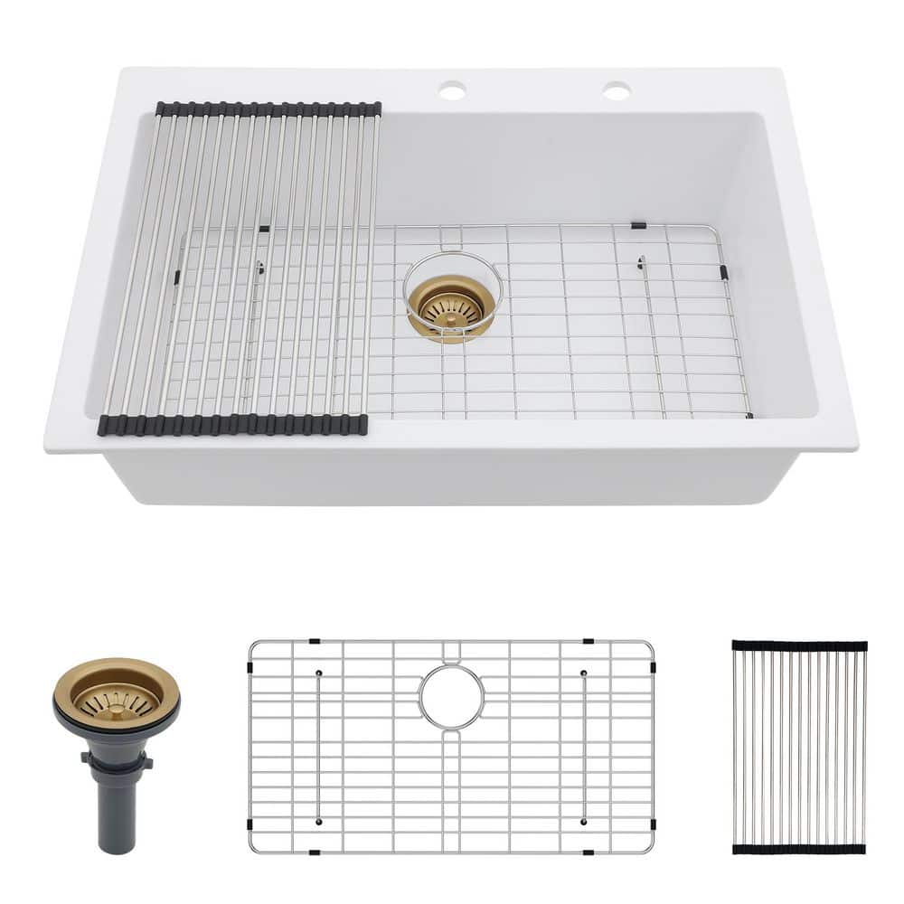 33 in. Drop in Single Bowl White Quartz Kitchen Sink with Bottom Grids ...