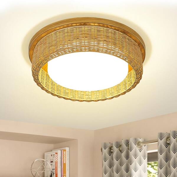 ZACHVO 15 in. 18-Watt Modern Wood Grain Paint Boho Rattan Dimmable ...