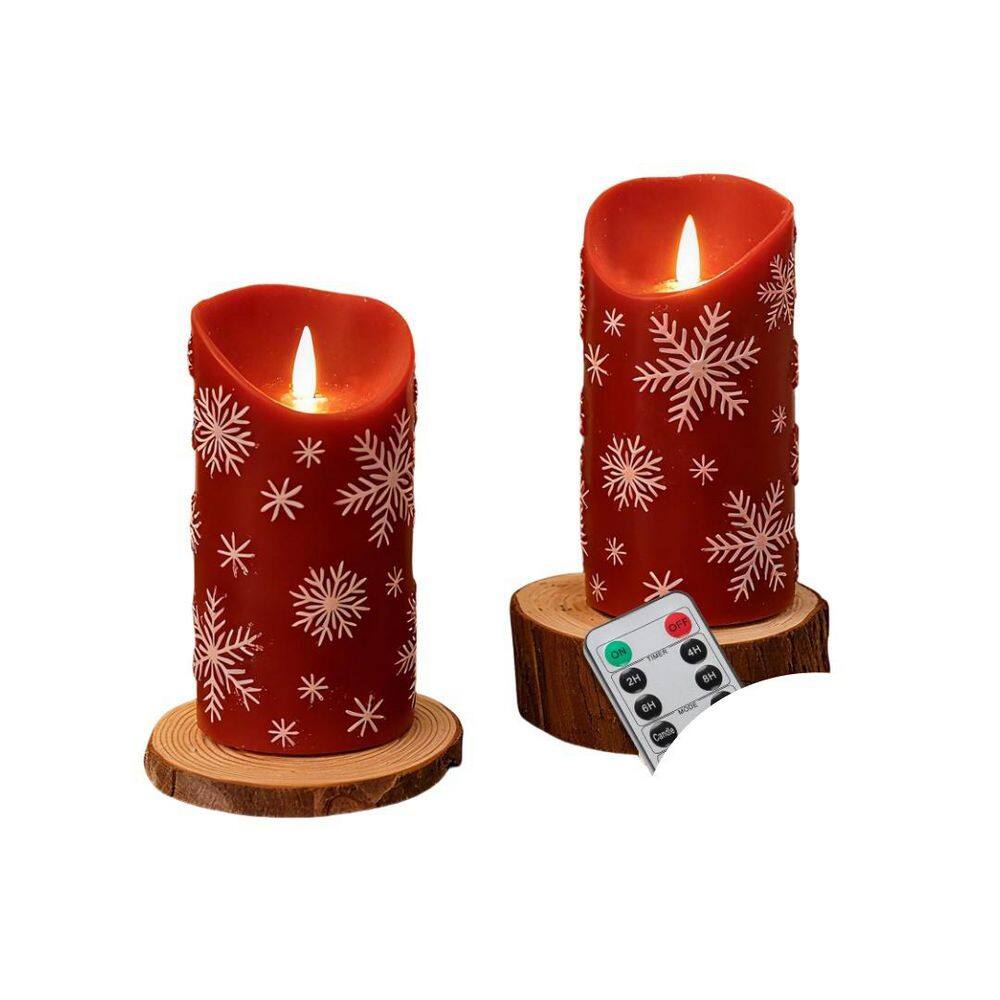 Red Embossed Snowflake Real Wax LED Candles-Flameless Flickering Remote ...