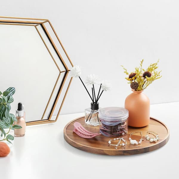 12 in. Brown Acacia Wood Round Tray-Farmhouse Decor for Coffee Table ...