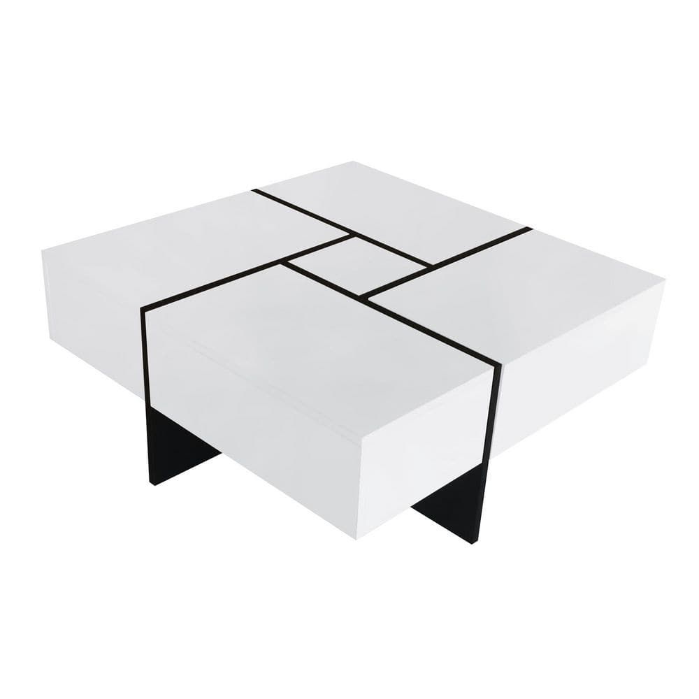 Sudzendf White Square Cocktail Table Coffee Table with 4 Hidden Storage ...