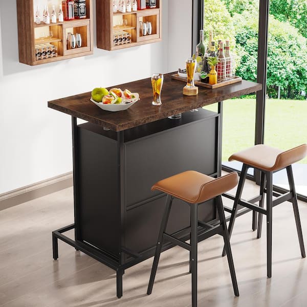 BYBLIGHT Kearsten Vintage Brown Home Bar Industrial 3 Tier Liquor Bar Table with Glasses Holder and Wine Storage BB JW0596 ZMZ