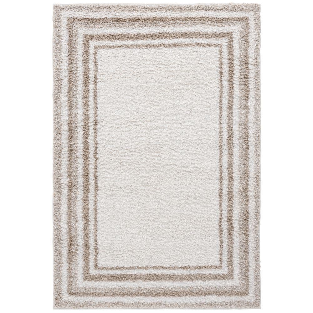 SAFAVIEH Border and Stripe Shag 4 ft. x 6 ft. Ivory/Beige Concentric ...