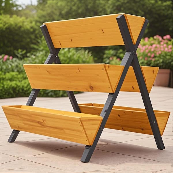 Brown Wood Raised Garden Bed with Trellis, 3-Tiers Vertical Planter Box ...