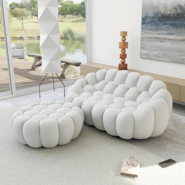 Armless 3D Kinitted Fabric 78 in. Curved Loveseat Bubble Sectional Sofa Lazy Floor with Ottoman in Gray Set of 2
