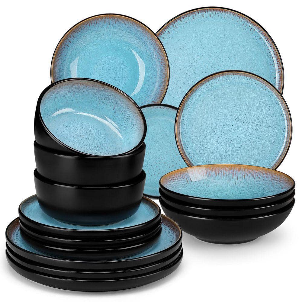 vancasso Series Amber 16-Piece Blue and Black Stoneware Dinnerware Set ...