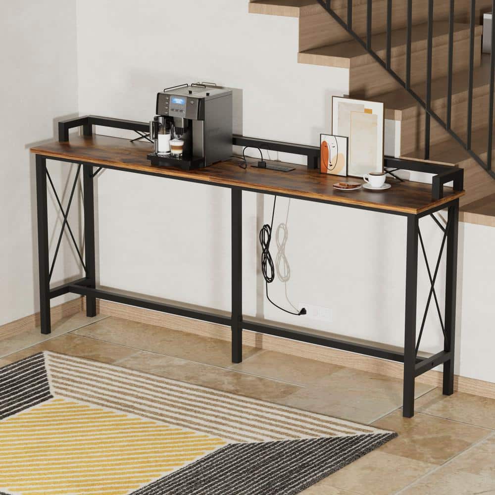 VECELO Narrow Charging Station 70.9 in. Brown Rectangle Wood Console ...
