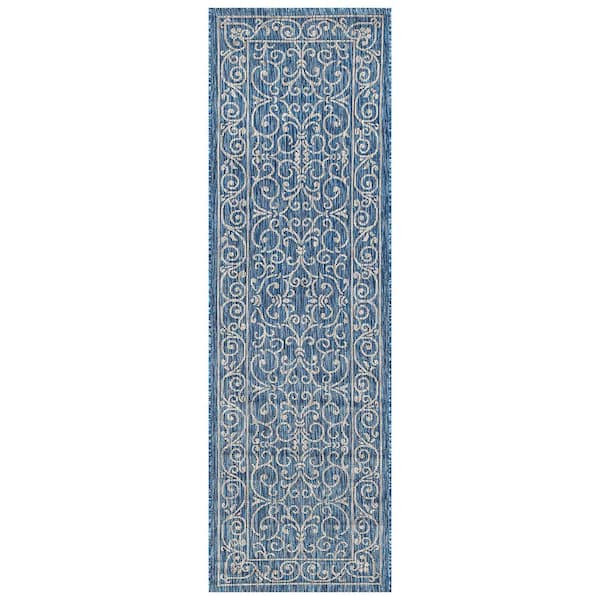 Blue Polypropylene 2 ft. x 8 ft. Floral Indoor Runner Rug A46A1-rug ...
