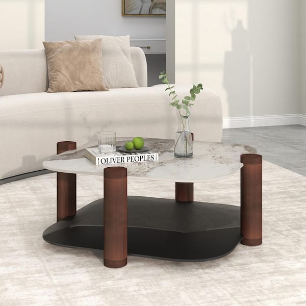 J&E Home 35. 43 in. Square Convertible Marble Coffee Table with Metal ...