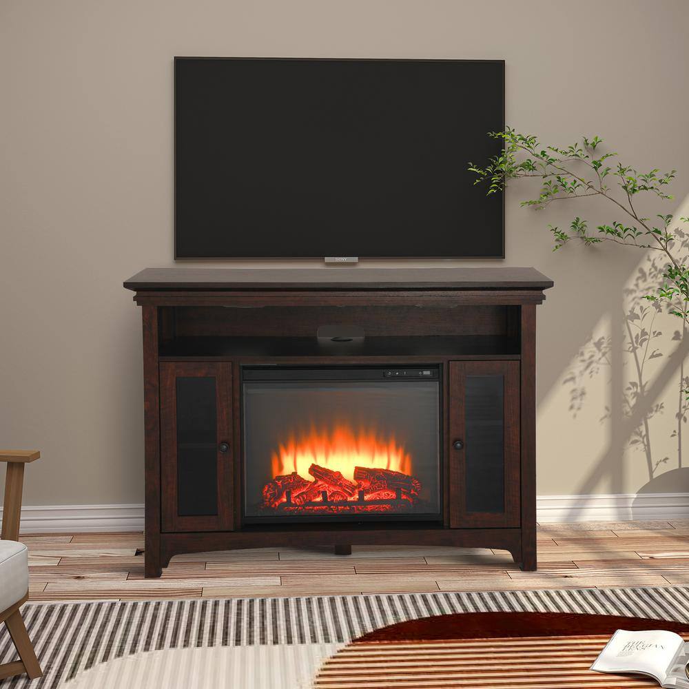 Clihome Brown 48 in. TV Stand Entertainment Center with Glass Doors and ...