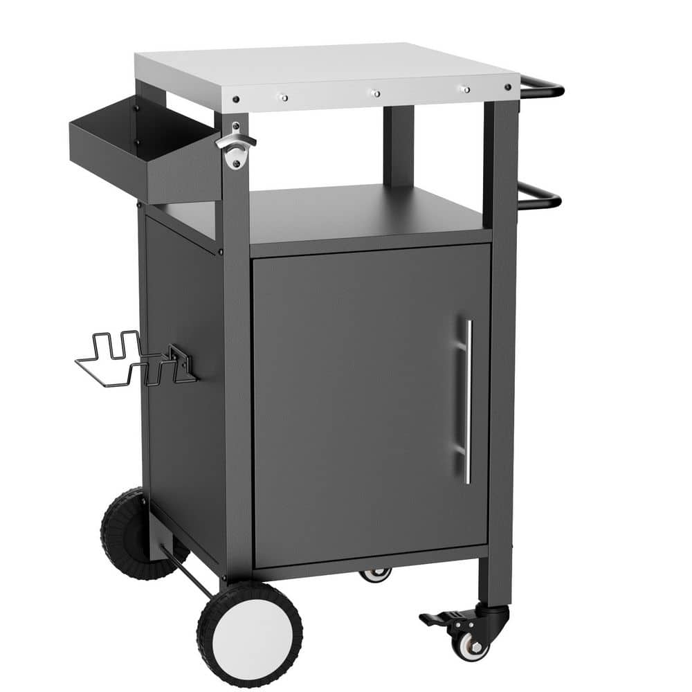 Black Stainless Steel Outdoor Serving Cart with Storage, Hooks and ...