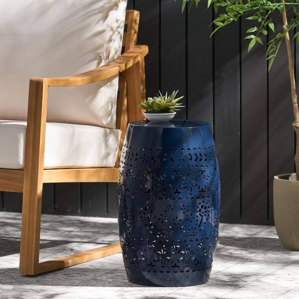 Dark Blue Barrel Lace Cut Metal Outdoor Patio Side Table, No Assembly ...