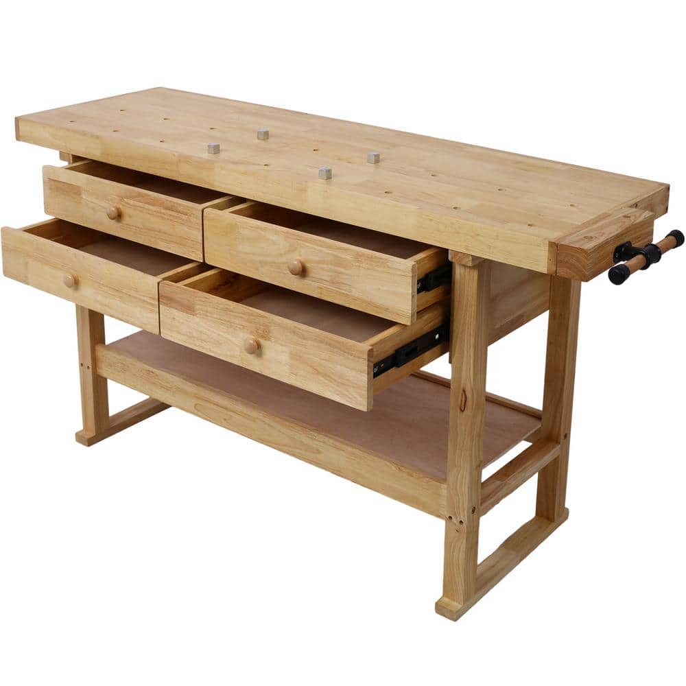 GOGEXX 60 in. W Wooden Workbench, Rubberwood Workbench with 4-Drawer ...