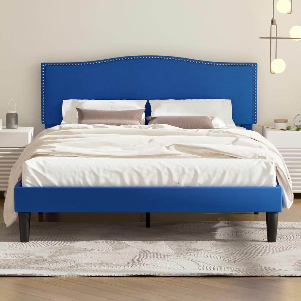 VECELO Bed Frame Blue Metal Frame Full Platform Bed with Upholstered ...