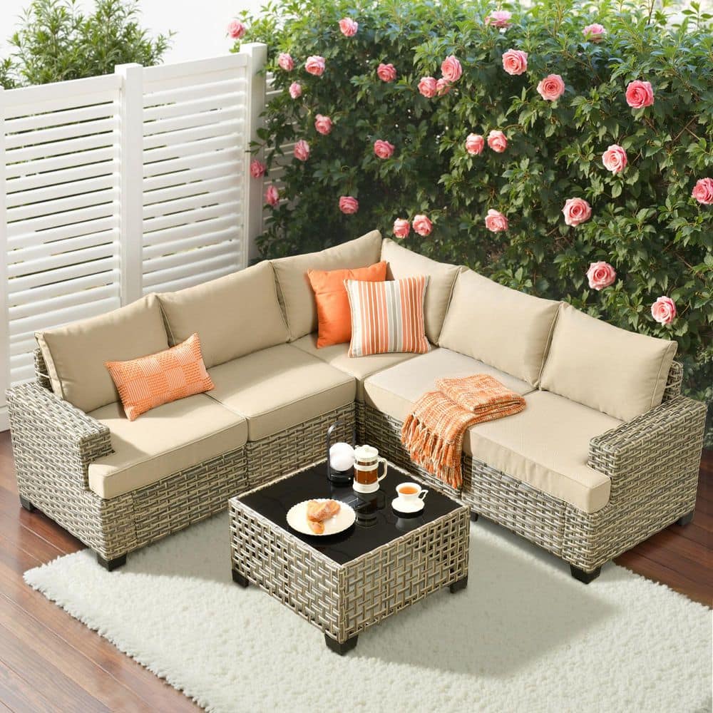 HOOOWOOO Merrit 6-Piece Wicker Outdoor Patio Conversation Sectional Set ...
