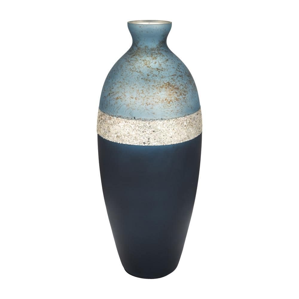 Liv & Skye 18 in. Blue Glass Cylinder Three Tone Glittered Decorative ...
