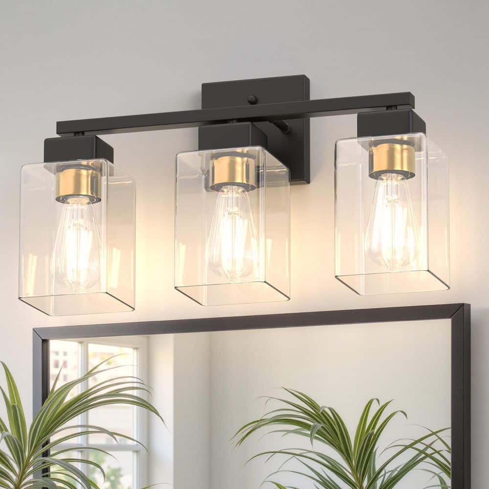 YANSUN 16 in. 3-Light Black and Gold Vanity Light with Square Glass ...
