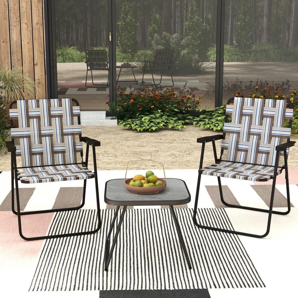HONEY JOY Brown Metal Webbed Lawn Chairs, Outdoor Patio Folding Beach ...