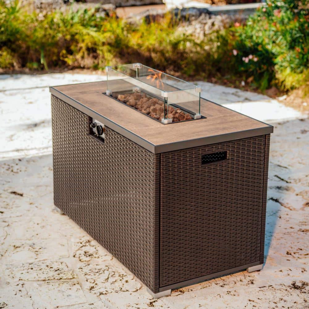 ToolCat 43 in. 50,000 BTU Rectangular Wicker Gas Outdoor Patio Fire Pit ...