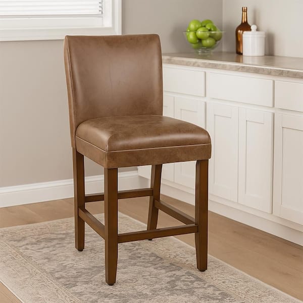 Benjara Modern 39.5 in. H Brown Wood Bar Stool with Faux Leather Seat ...