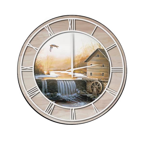 "The Old Mill" Woodgrain Accent and White Numbers Imaged Wall Clock CL ...
