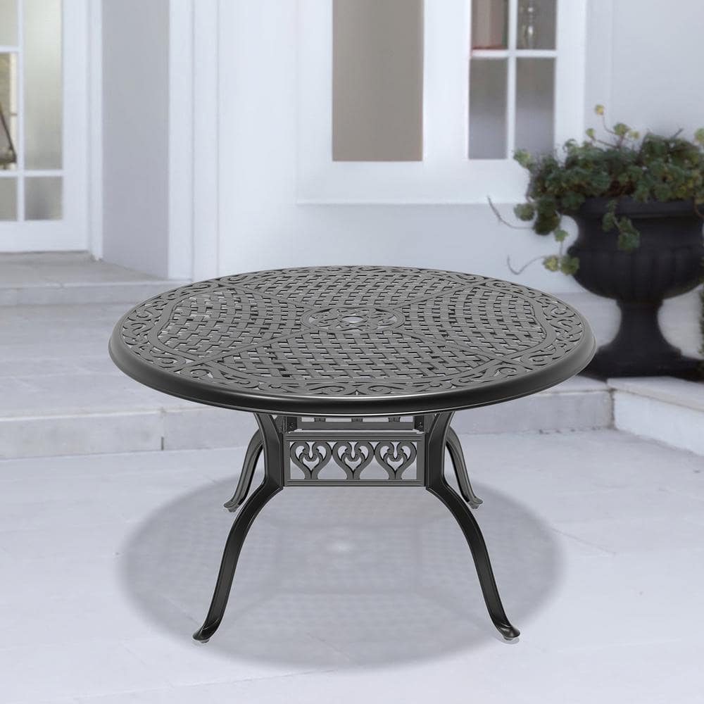Willit 48.03 in. Black Round Cast Aluminum Outdoor Dining Table SL-1123 ...
