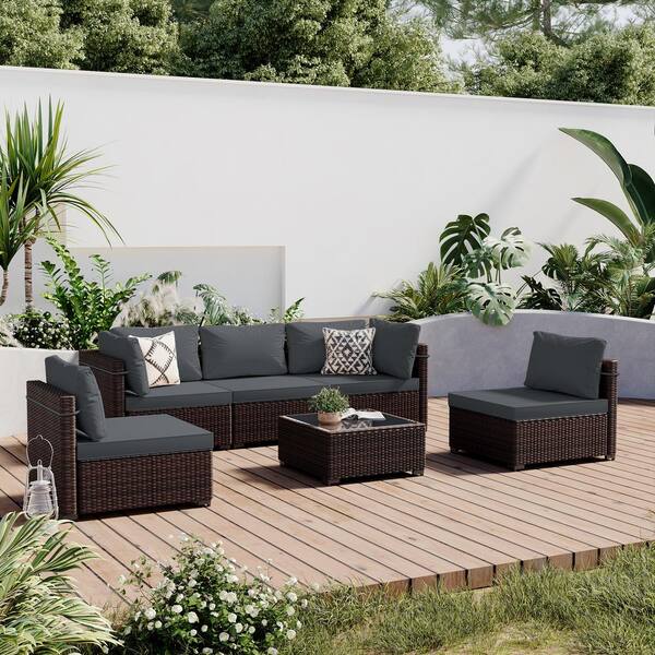 UPHA 6-Piece Outdoor Brown Wicker Patio Conversation Sofa Set for Patio with Dark Gray Cushions ...