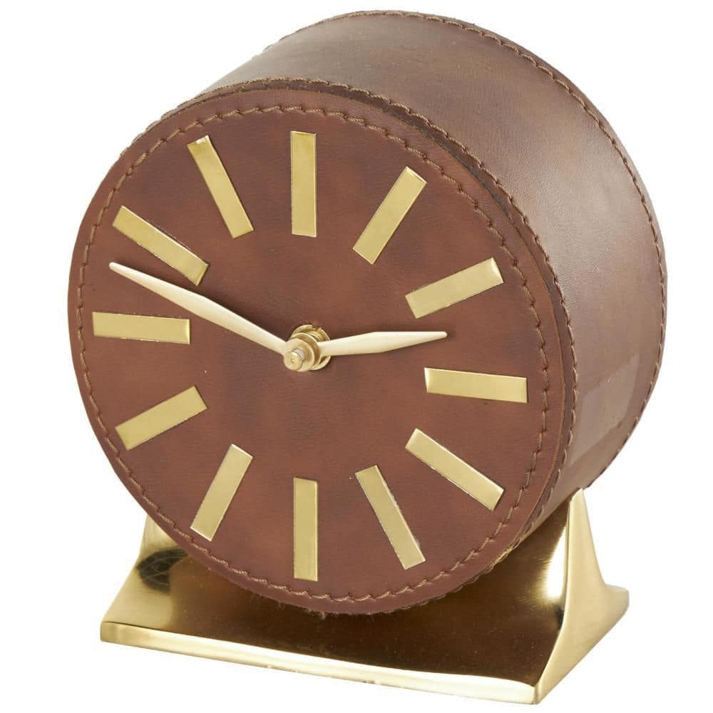 Litton Lane Brown Faux Leather Round Clock with Gold Rectangular Base ...