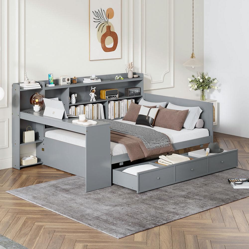 Harper & Bright Designs Gray Full Size Daybed with Built-In Desk, USB ...