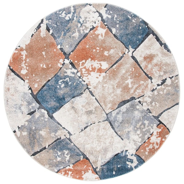 SAFAVIEH Coppertone 7 ft. x 7 ft. Ivory/Navy Geometric Tile Round Area ...