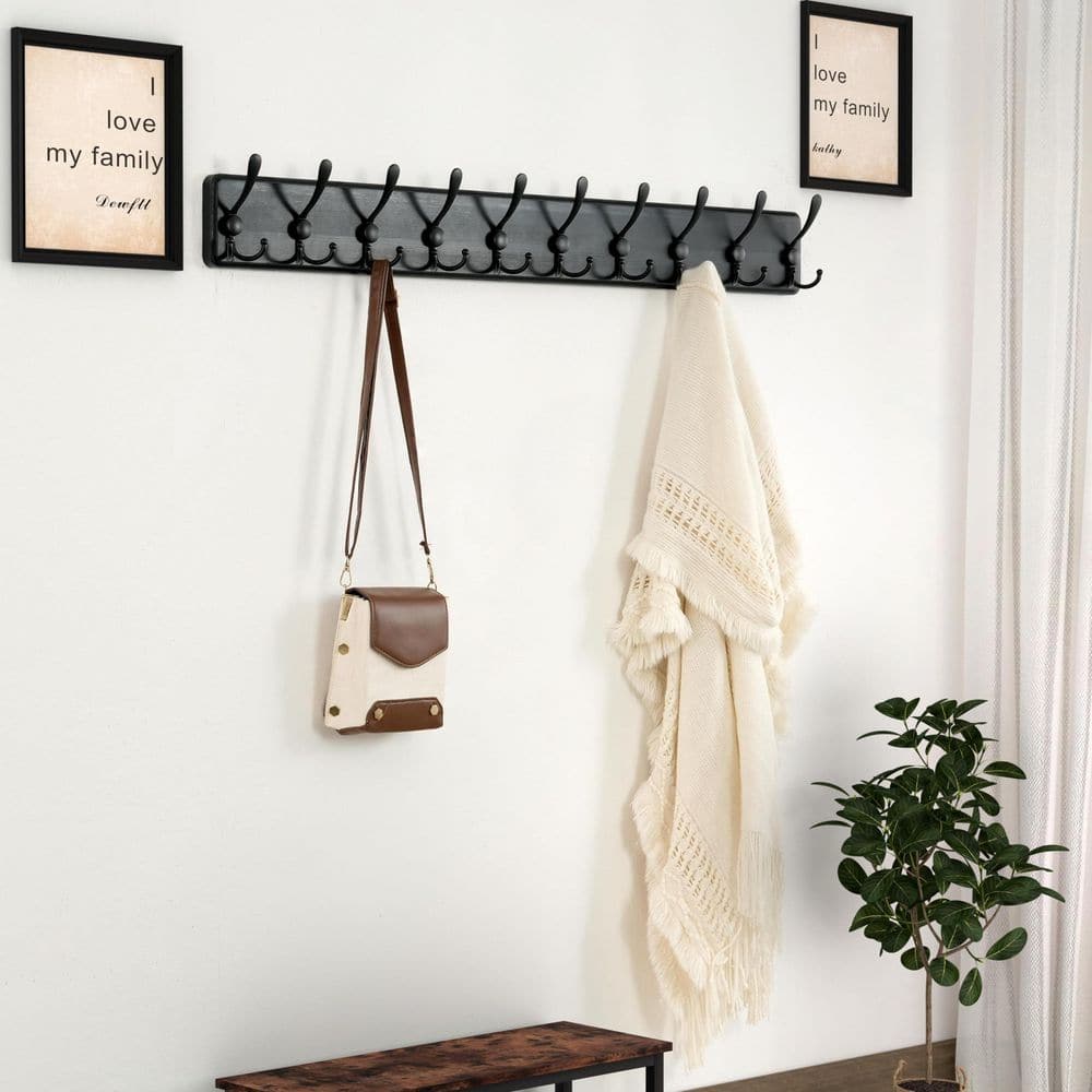 Weathered Black Rustic Farmhouse Solid Wood Wall Mounted Coat Rack with ...