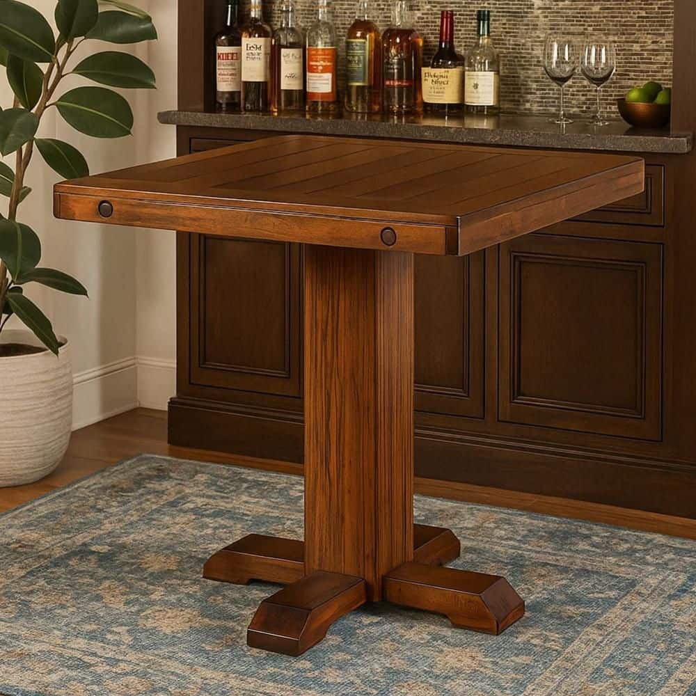 Benjara Reggie 42 in. Brown Wood Square Bar Pub Table with Adjustable ...