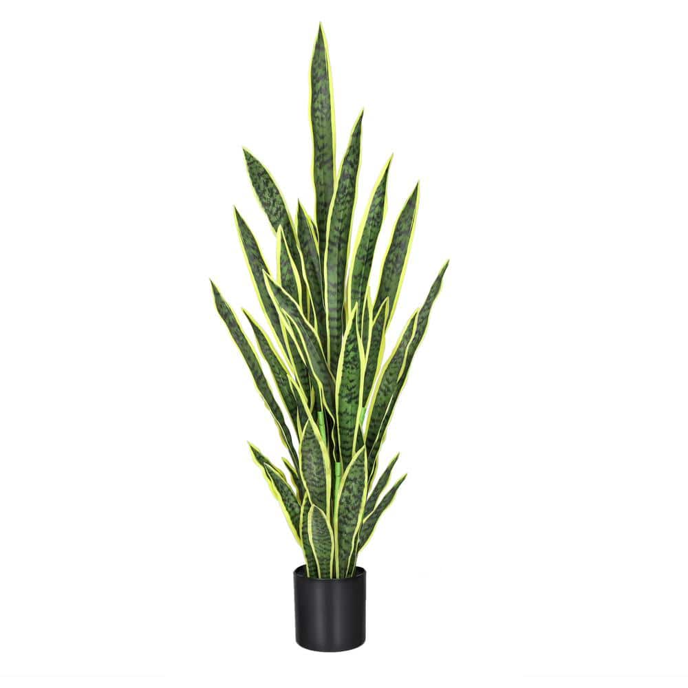 LIVING LUXURY 4 ft. Green Yellow Artificial Sansevieria Snake Plant in Black Pot 60634-GR-YL ...
