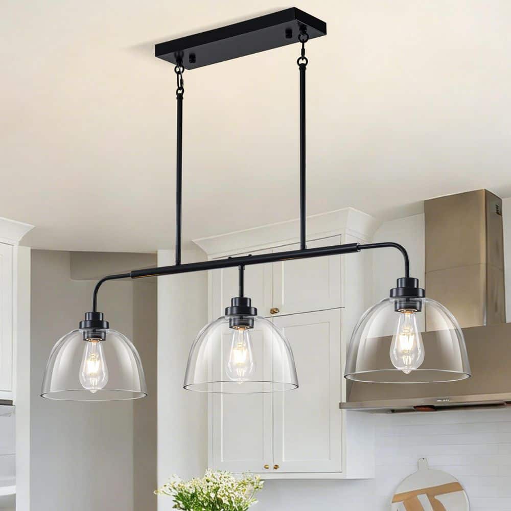 TinHon 3-Light Black Linear Clear Glass Pendant Light for Kitchen ...