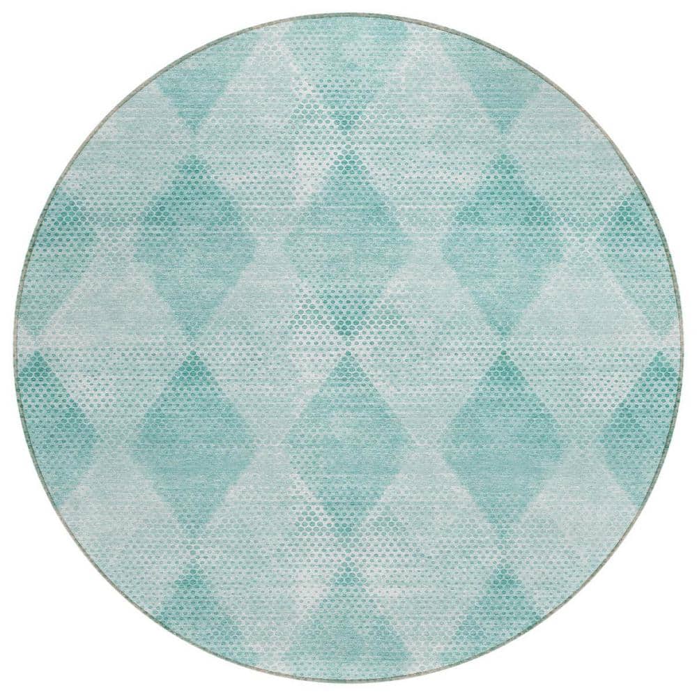 HomeRoots Teal 8 ft. Round Woven Geometric Round Indoor/Outdoor Area ...