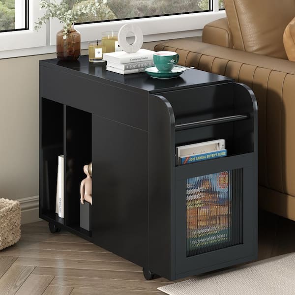 Unbranded 29.1 in. Black Rectangle MDF Multi Functional End Table Side Table with Tempered Glass Door C WF324735AAB