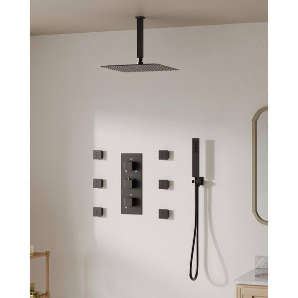 EVERSTEIN Luxury 3-Spray Patterns Thermostatic 12 in. Ceiling Mount Rainfall Shower Faucet and ...