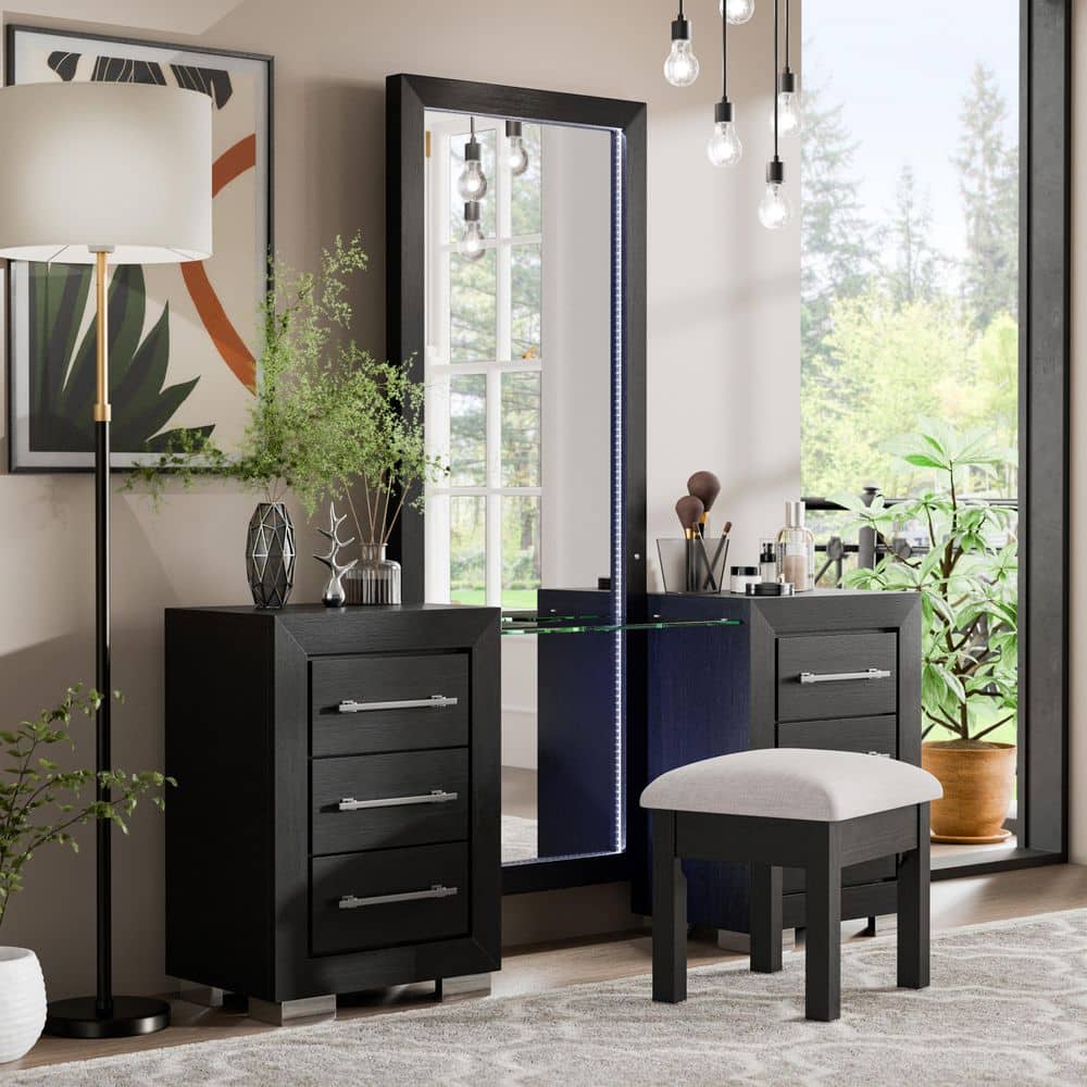 Furniture of America Fairhart 2-Piece Modern Black Makeup Vanity Set ...