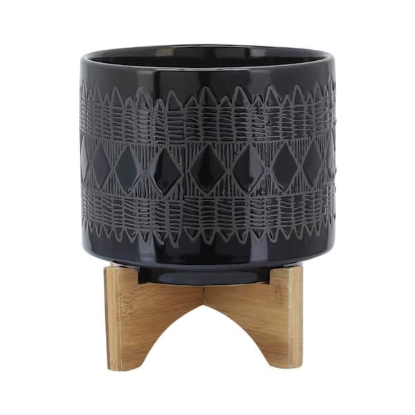 Liv & Skye 10 in. Black/Gray Ceramic Aztec Planter with Bamboo Wood ...