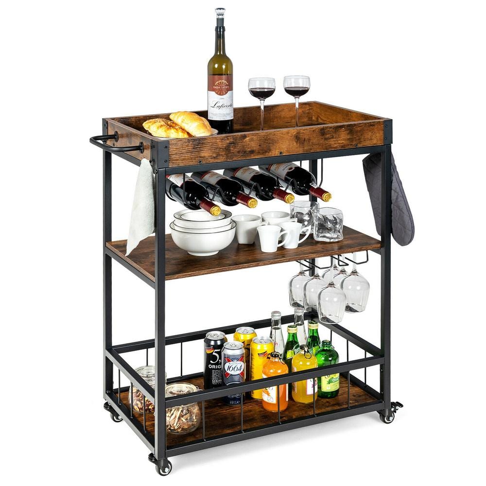 Bunpeony 3-Tier Rustic Brown Wood Kitchen Cart with Wine Rack LTCF058 ...