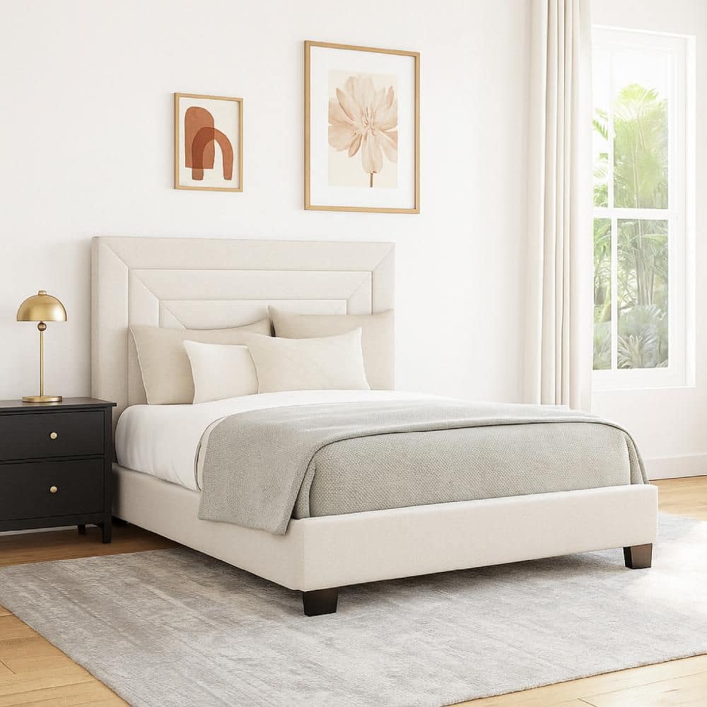 Benjara Ary Cream White and Black Wood Frame Queen Panel Bed with ...
